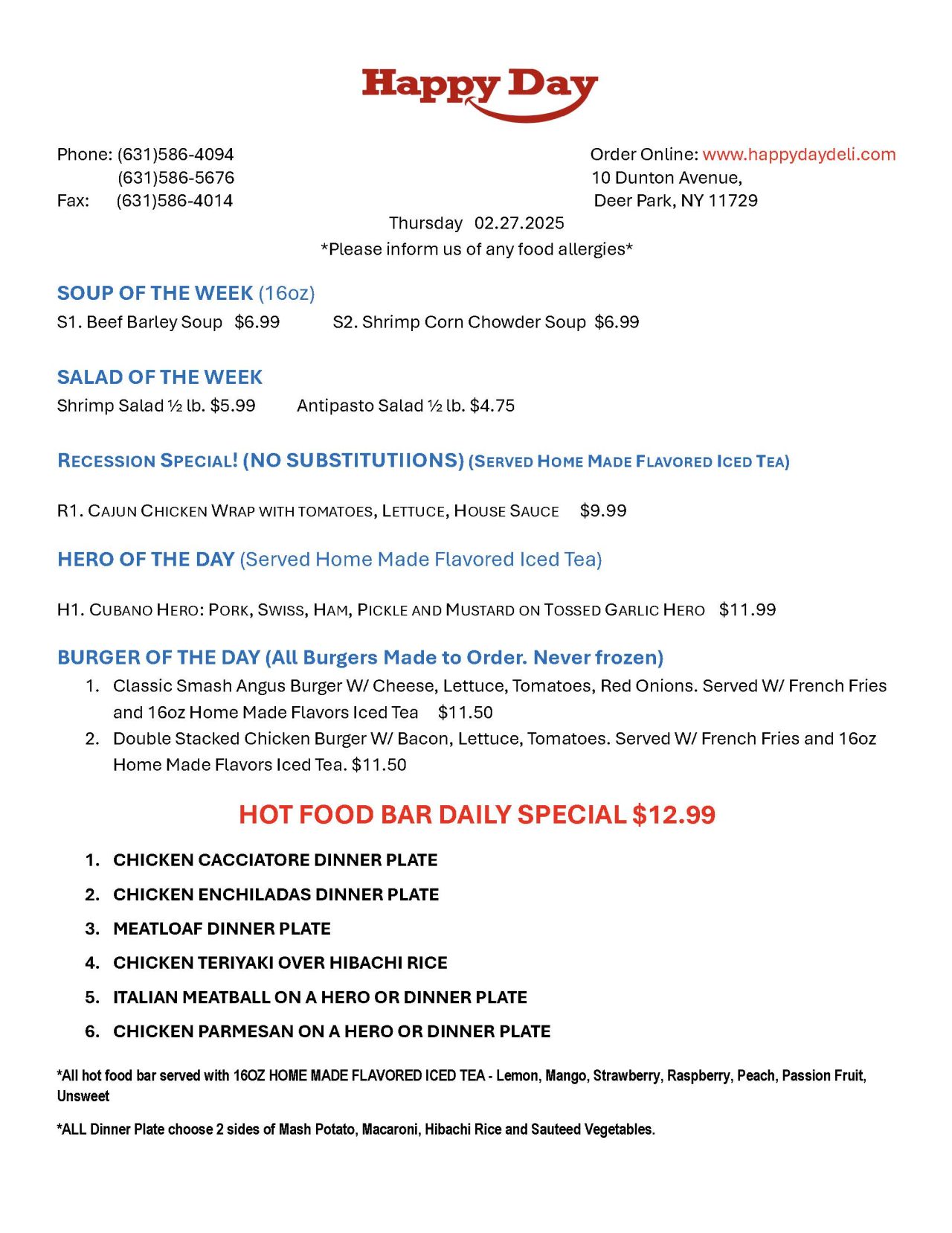 Hot Food Bar Special - Happy Day