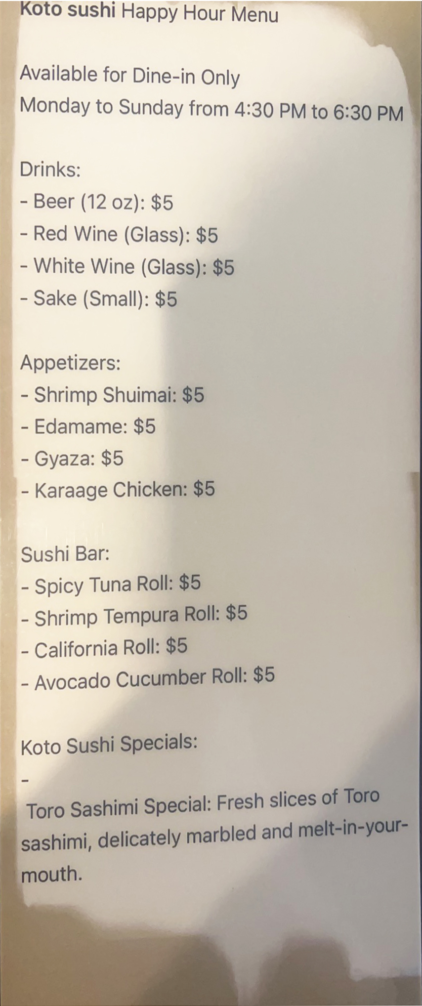 Happy Hour Menu - Koto Sushi
