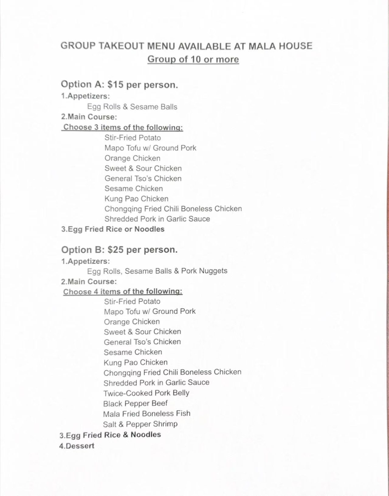 group takeout menu - Mala House