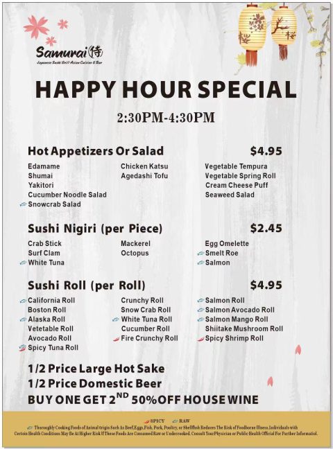 Happy Hour Menu - Samurai Janpanese Cuisine